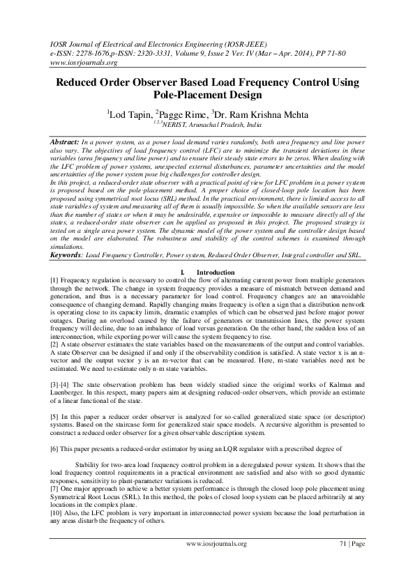 (PDF) Reduced Order Observer Based Load Frequency Control Using Pole ...