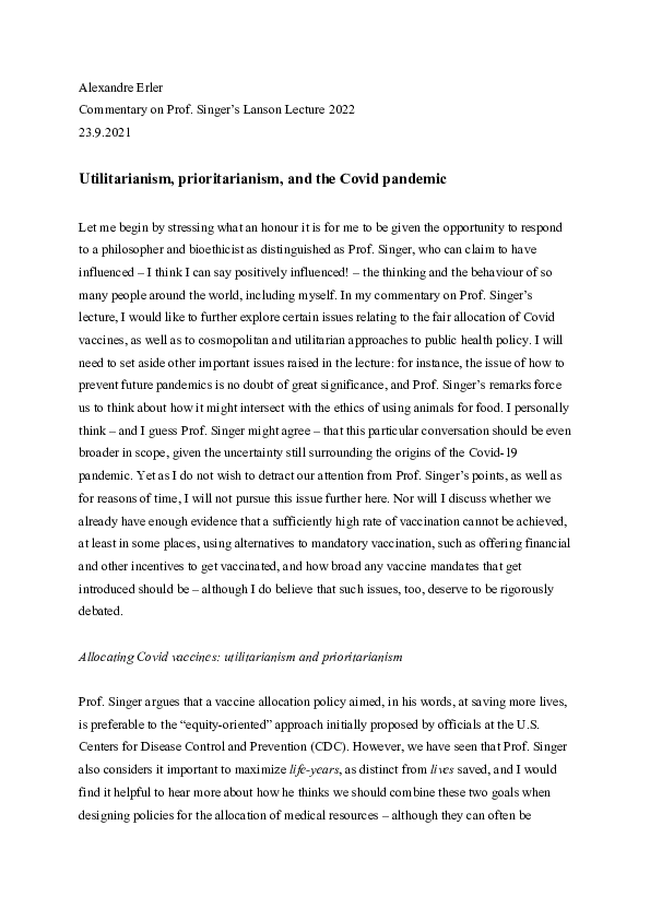 (PDF) Utilitarianism, Prioritarianism, and the Covid Pandemic