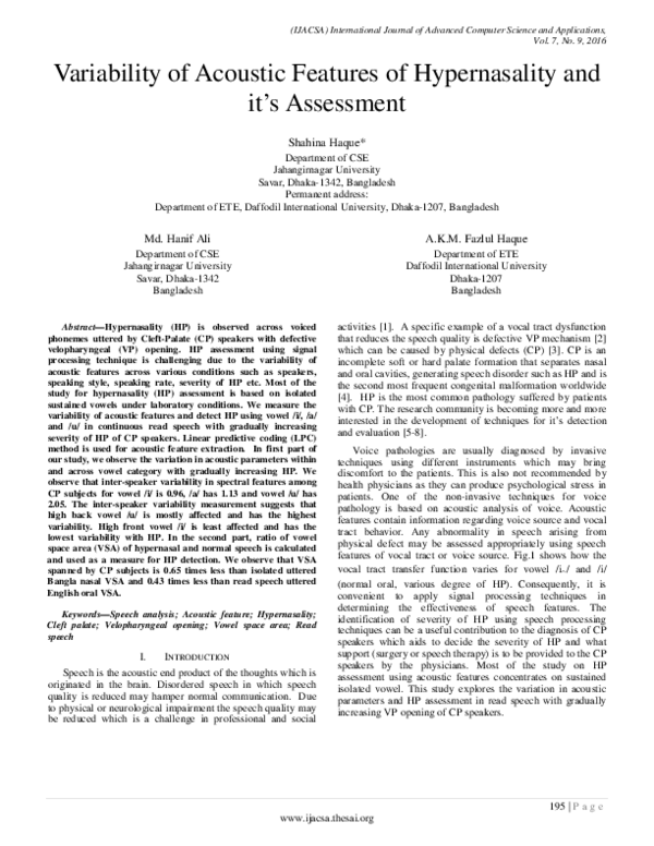 (PDF) Variability of Acoustic Features of Hypernasality and it’s Assessment