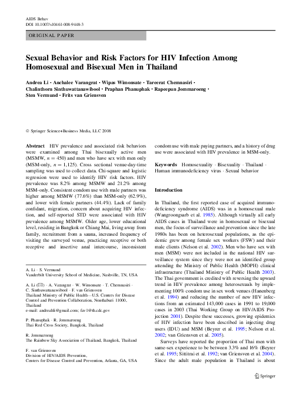 (PDF) Sexual Behavior and Risk Factors for HIV Infection Among ...