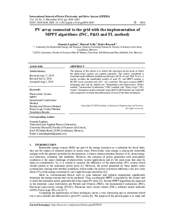 Pdf Pv Array Connected To The Grid With The Implementation Of Mppt Algorithms Inc Pando And Fl