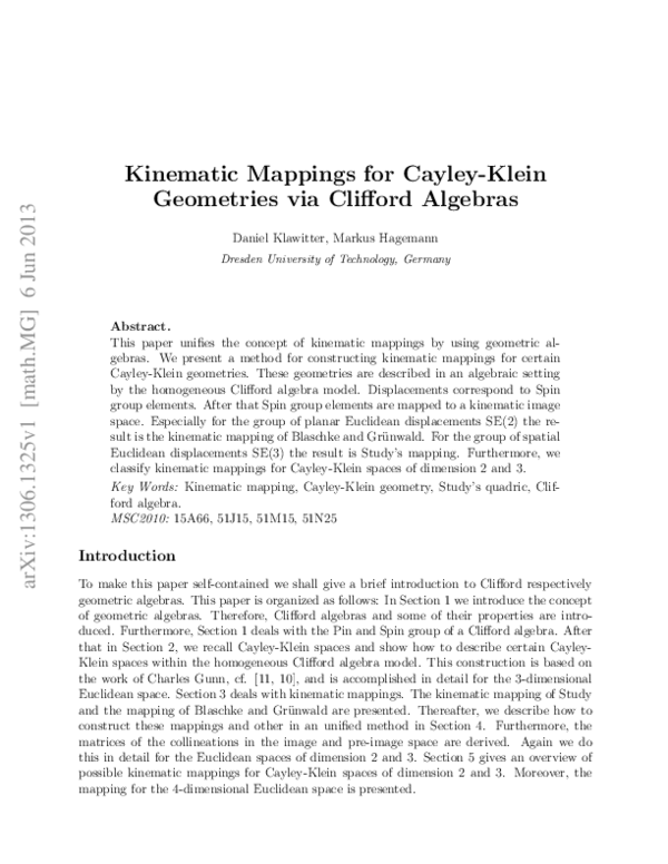 (PDF) Kinematic mappings for Cayley–Klein geometries via Clifford algebras