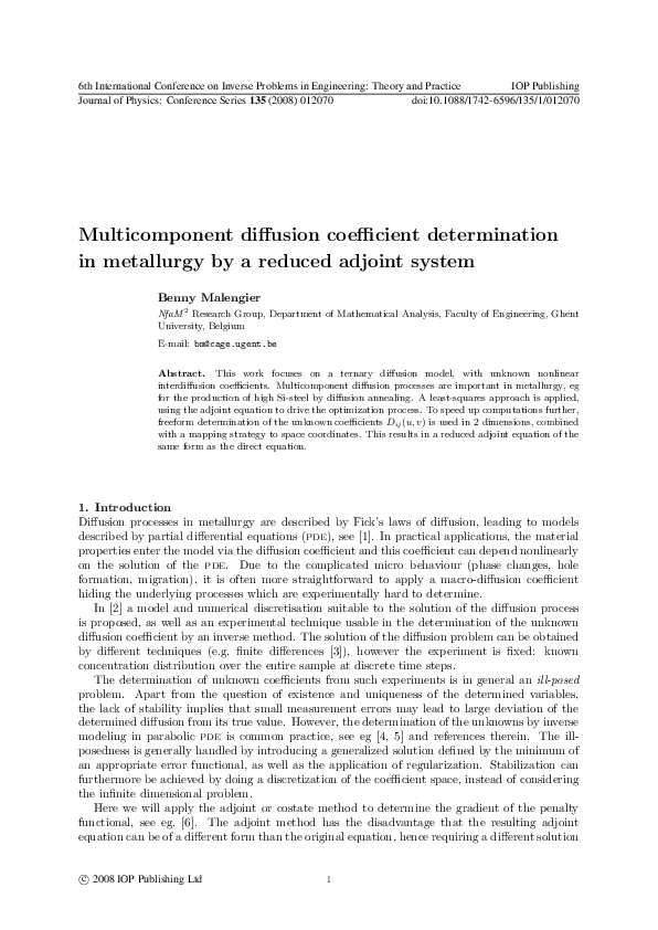 (PDF) Multicomponent diffusion coefficient determination in metallurgy by a reduced adjoint system