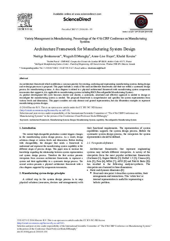 (PDF) Architecture Framework for Manufacturing System Design