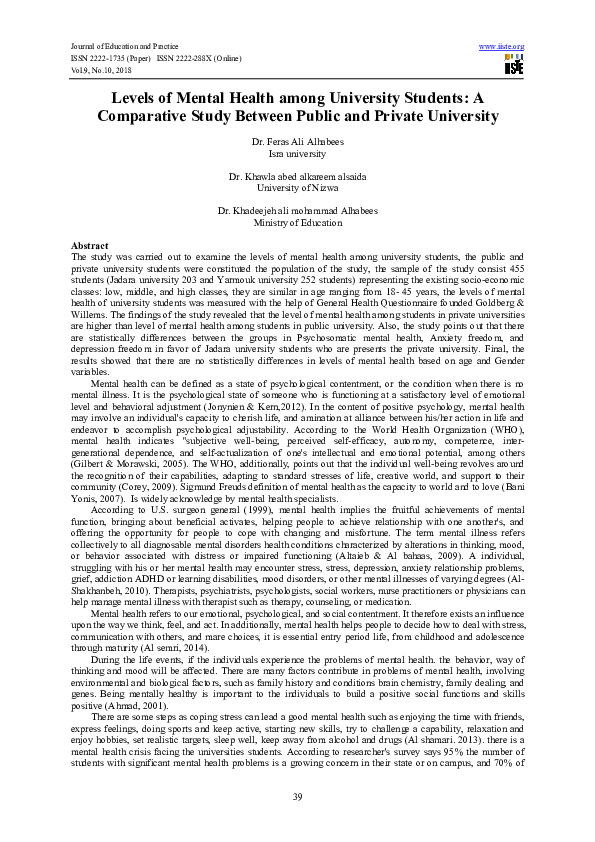 Pdf Levels Of Mental Health Among University Students A Comparative