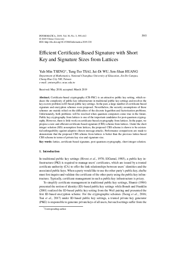 (PDF) Efficient Certificate-Based Signature with Short Key and Signature Sizes from Lattices