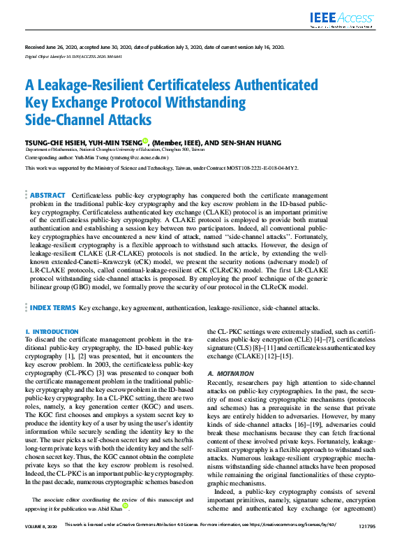 (PDF) A Leakage-Resilient Certificateless Authenticated Key Exchange Protocol Withstanding Side ...