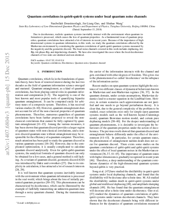 (PDF) Quantum correlations in qutrit-qutrit systems under non-identical local quantum noise channels