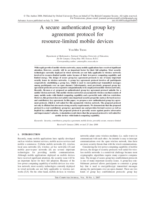 Pdf A Secure Authenticated Group Key Agreement Protocol For Resource Limited Mobile Devices