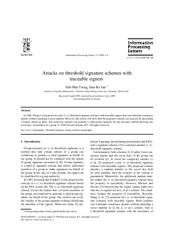 (PDF) Attacks on threshold signature schemes with traceable signers