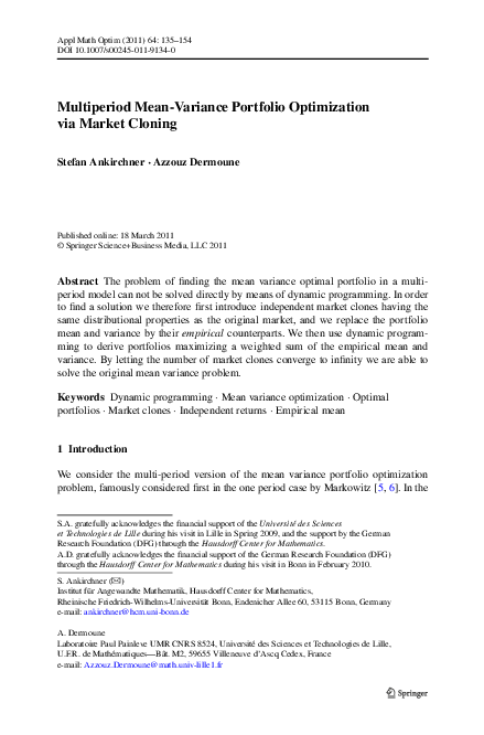 (PDF) Multiperiod Mean-Variance Portfolio Optimization via Market Cloning | Azzouz Dermoune ...