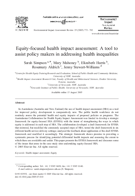 (PDF) Equity-Focused Health Impact Assessment: A Tool to Assist Policy ...