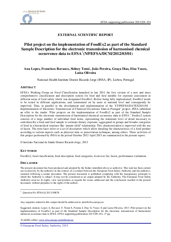(PDF) Pilot project on the implementation of FoodEx2 as part of the ...