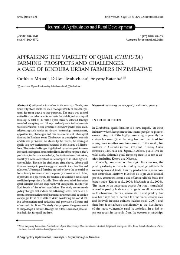 (PDF) Appraising the Viability of Quail (Chihuta) Farming. Prospects ...