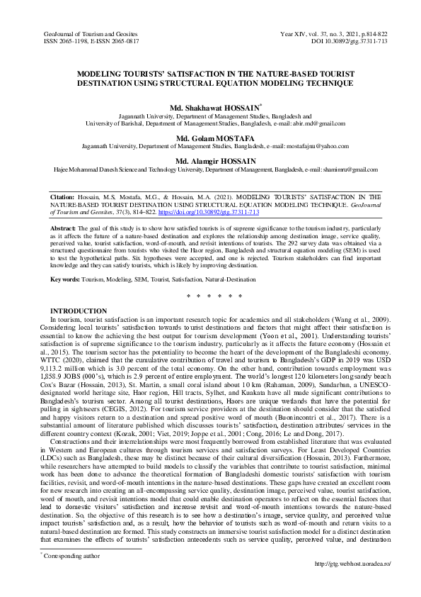 Pdf Modeling Tourists Satisfaction In The Nature Based Tourist