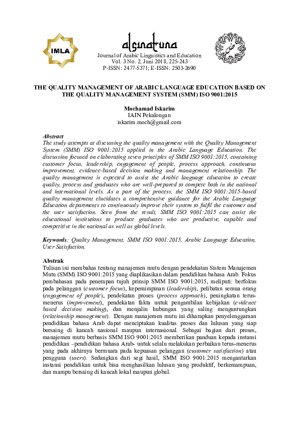 (PDF) The Quality Management of Arabic Language Education Based on The ...
