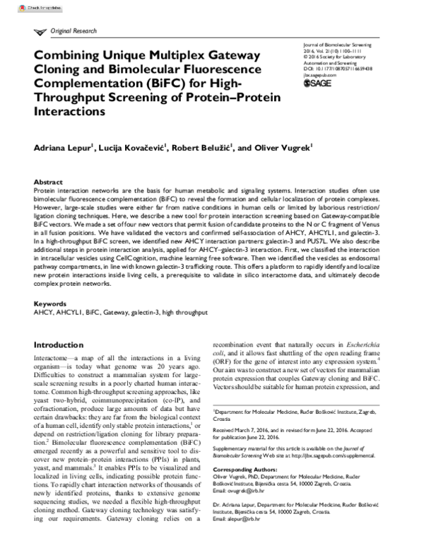 (PDF) High-Throughput BiFC Vectors for Protein Interactions
