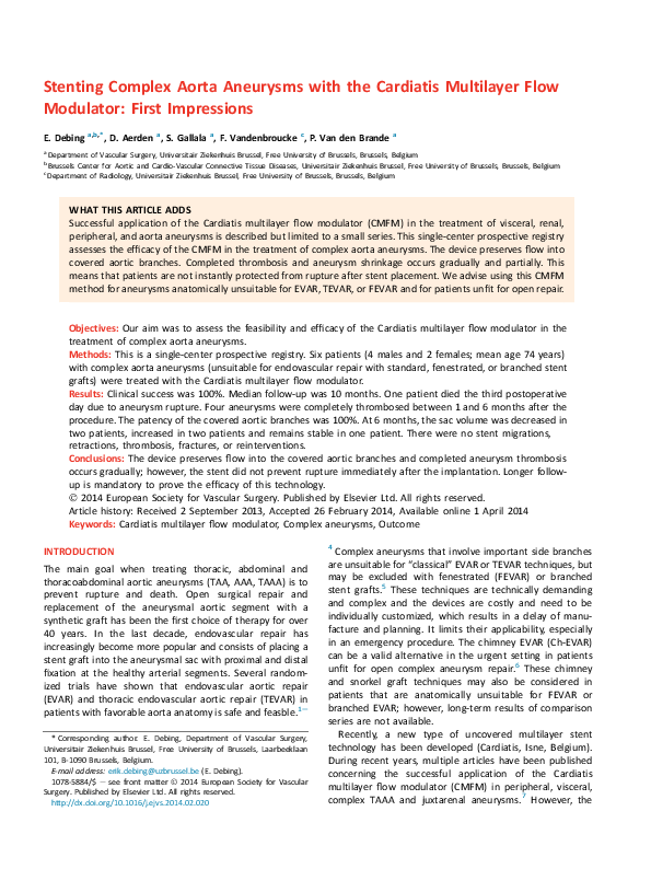 (PDF) Stenting Complex Aorta Aneurysms with the Cardiatis Multilayer ...