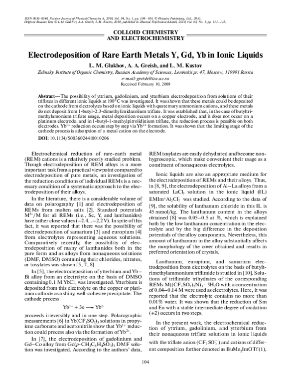 (PDF) Electrodeposition of rare earth metals Y, Gd, Yb in ionic liquids