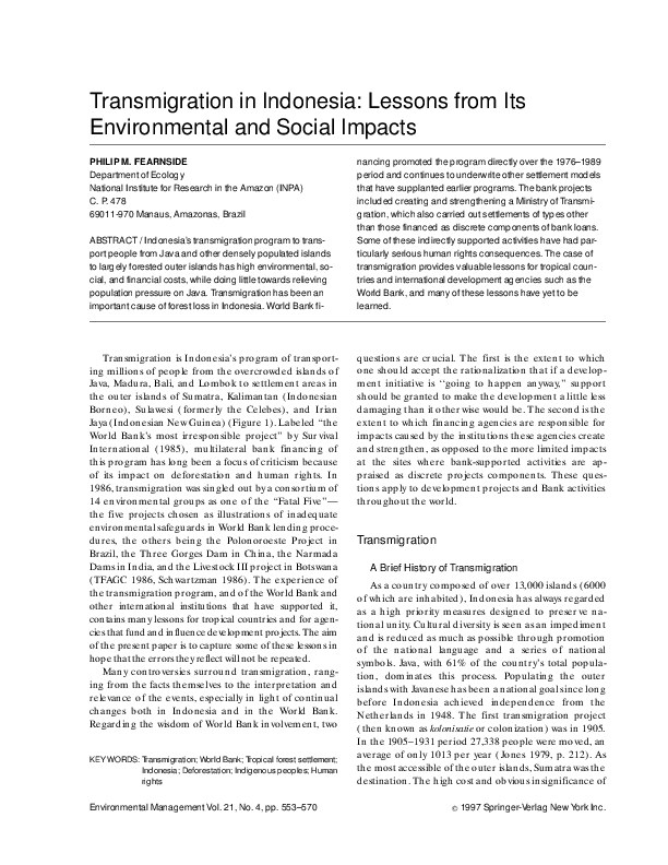 (PDF) Transmigration in Indonesia: Lessons from its environmental and ...