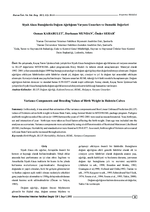(PDF) Variance Components and Breeding Values of Birth Weight in Holstein Calves