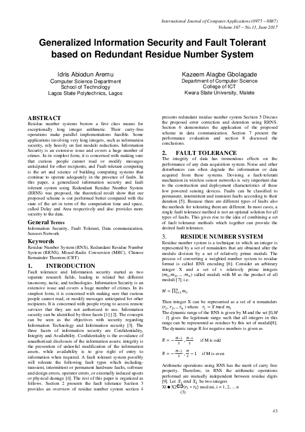 (PDF) Generalized Information Security and Fault Tolerant based on Redundant Residue Number System