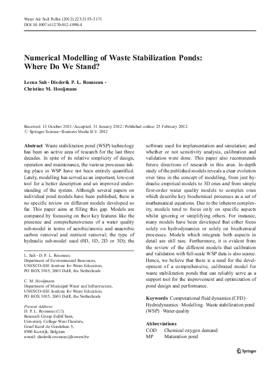 (PDF) Numerical Modelling of Waste Stabilization Ponds: Where Do We Stand?