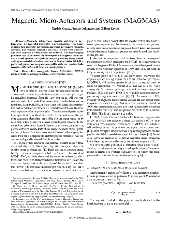 (PDF) Magnetic micro-actuators and systems (MAGMAS)