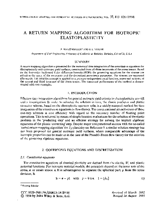 (PDF) A return mapping algorithm for isotropic elastoplasticity