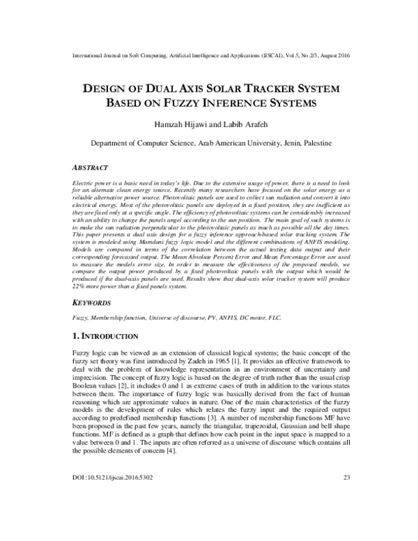 Pdf Design Of Dual Axis Solar Tracker System Based On Fuzzy Inference
