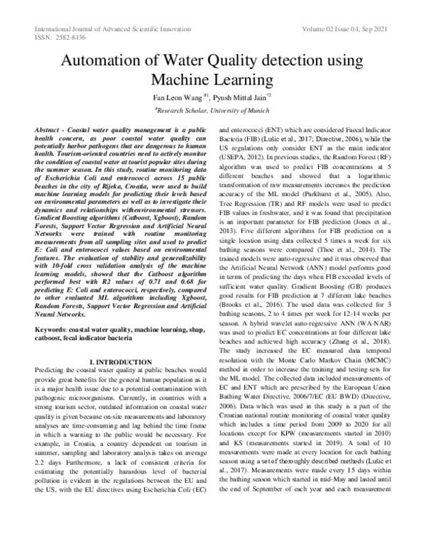 Pdf Automation Of Water Quality Detection Using Machine Learning