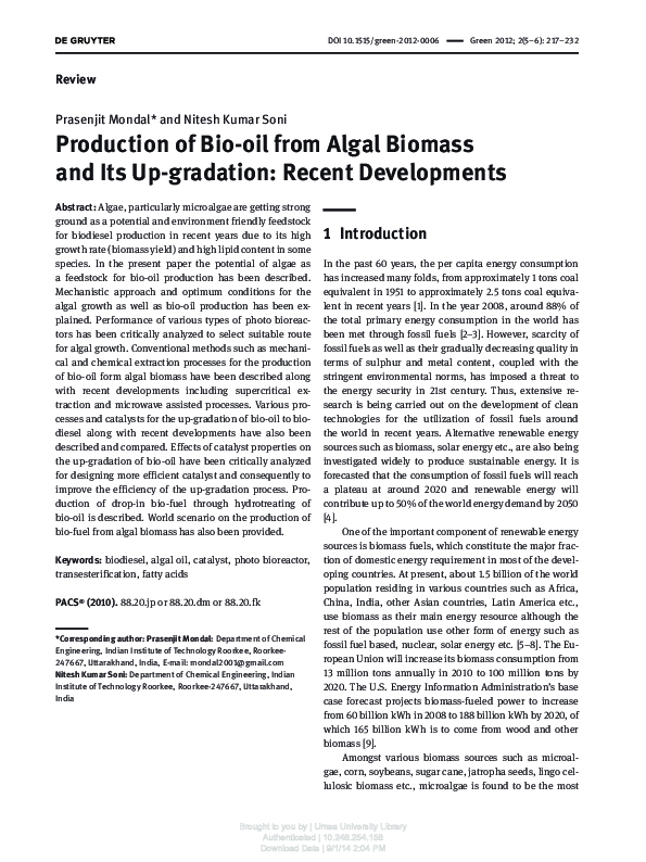 (PDF) Production of Bio-oil from Algal Biomass and Its Up-gradation: Recent Developments