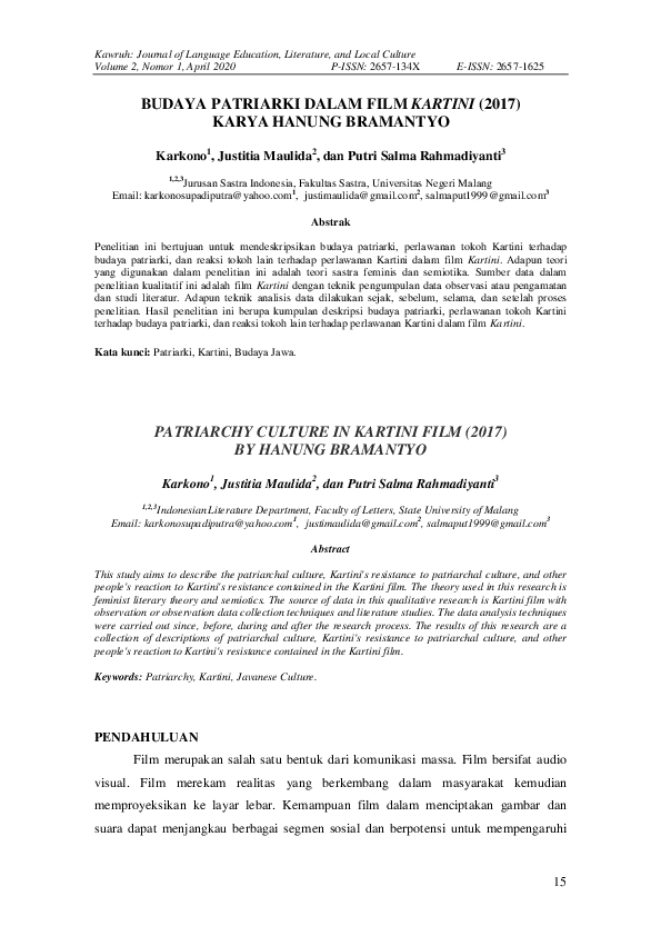 (PDF) Budaya Patriarki Dalam Film Kartini (2017) Karya Hanung Bramantyo