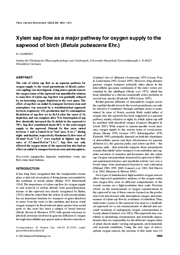 (PDF) Xylem sap flow as a major pathway for oxygen supply to the ...