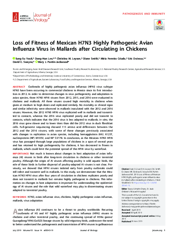 (PDF) Loss of Fitness of Mexican H7N3 Highly Pathogenic Avian Influenza ...