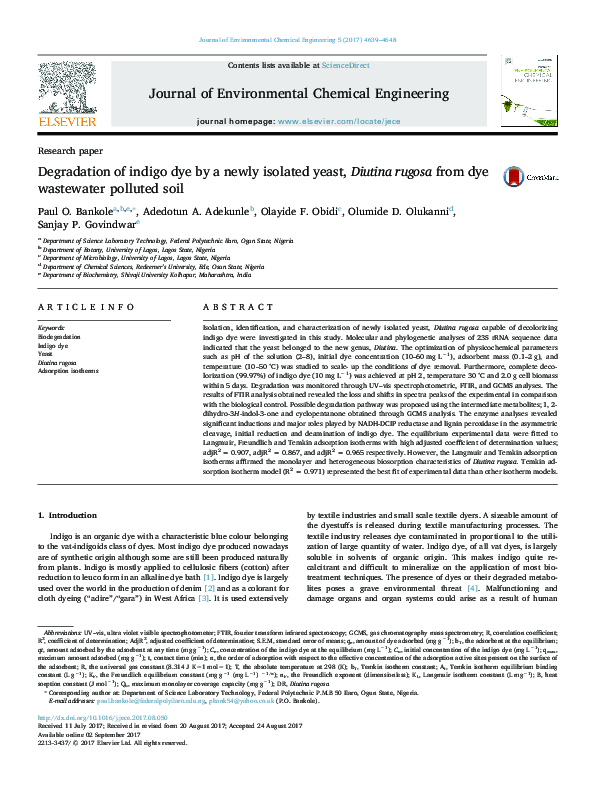 (PDF) Degradation of indigo dye by a newly isolated yeast, Diutina ...