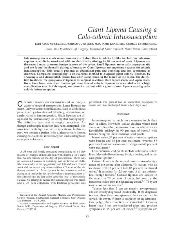 (PDF) Giant lipoma causing a colo-colonic intussusception