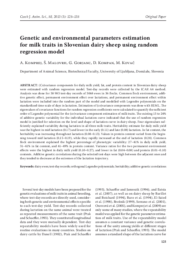 (PDF) Genetic and environmental parameters estimation for milk traits in Slovenian dairy sheep ...