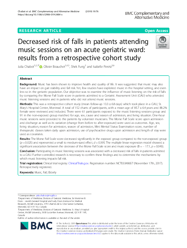 (PDF) Decreased risk of falls in patients attending music sessions on ...