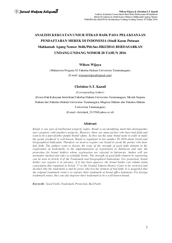 (PDF) ANALISIS KEKUATAN UNSUR ITIKAD BAIK PADA PELAKSANAAN PENDAFTARAN MEREK DI INDONESIA (Studi ...