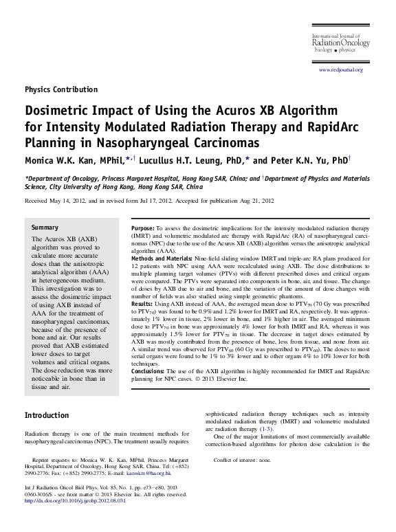 (PDF) Dosimetric Impact of Using the Acuros XB Algorithm for Intensity Modulated Radiation ...