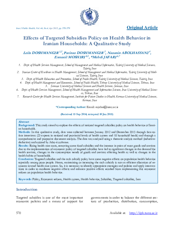 (PDF) Effects of Targeted Subsidies Policy on Health Behavior in ...