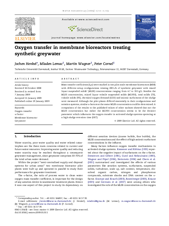 (PDF) Oxygen transfer in membrane bioreactors treating synthetic greywater
