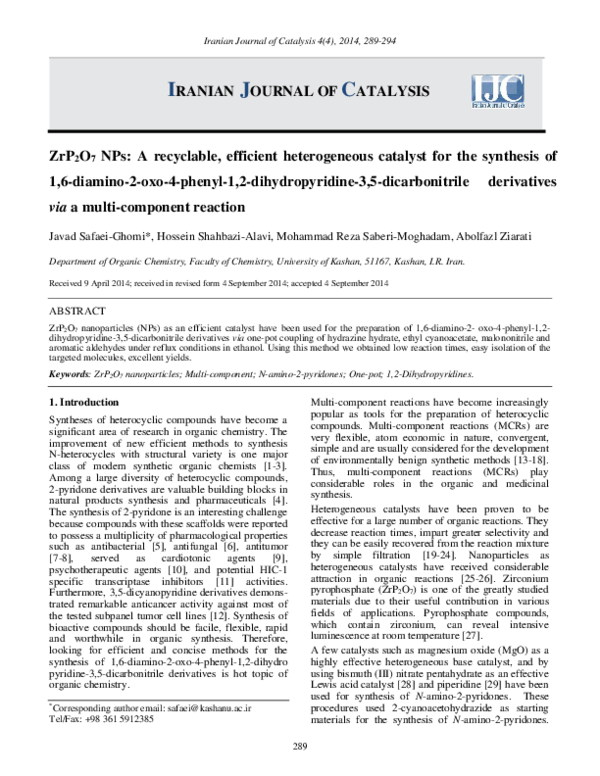 (PDF) IRANIAN JOURNAL OF CATALYSIS ZrP 2 O 7 NPs: A recyclable ...