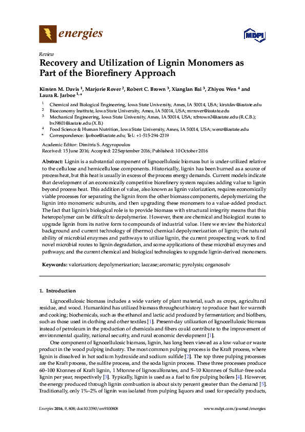 (PDF) Recovery and Utilization of Lignin Monomers as Part of the Biorefinery Approach