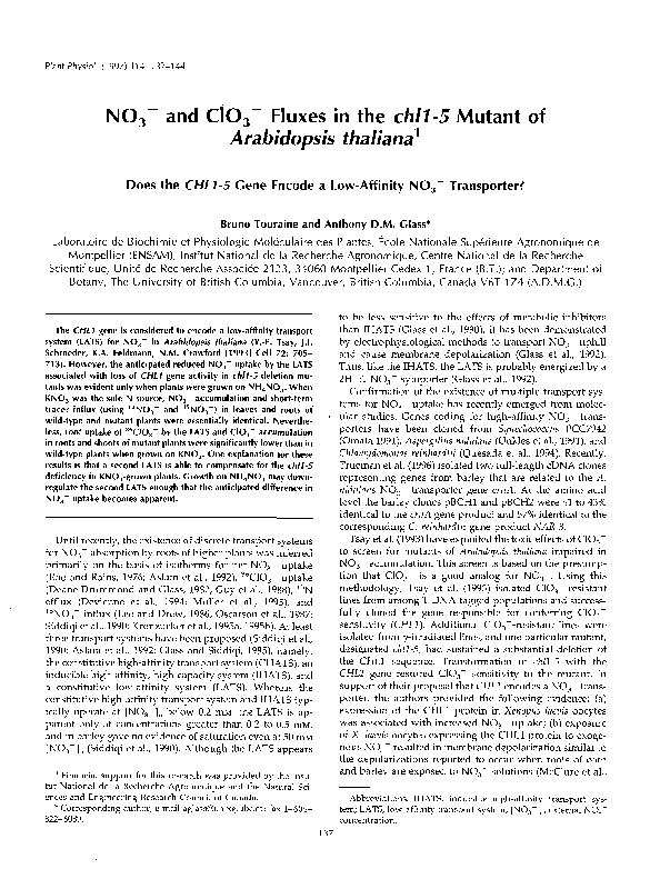 (PDF) NO3- and ClO3- fluxes in the chl1-5 mutant of Arabidopsis ...