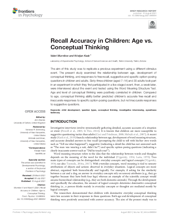 (PDF) Recall Accuracy in Children: Age vs. Conceptual Thinking