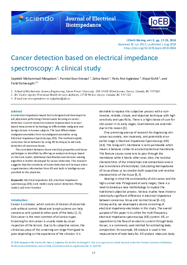 (PDF) Cancer detection based on electrical impedance spectroscopy: A clinical study