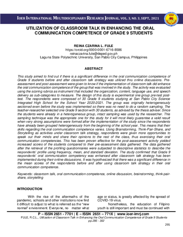 (PDF) UTILIZATION OF CLASSROOM TALK IN ENHANCING THE ORAL COMMUNICATION ...