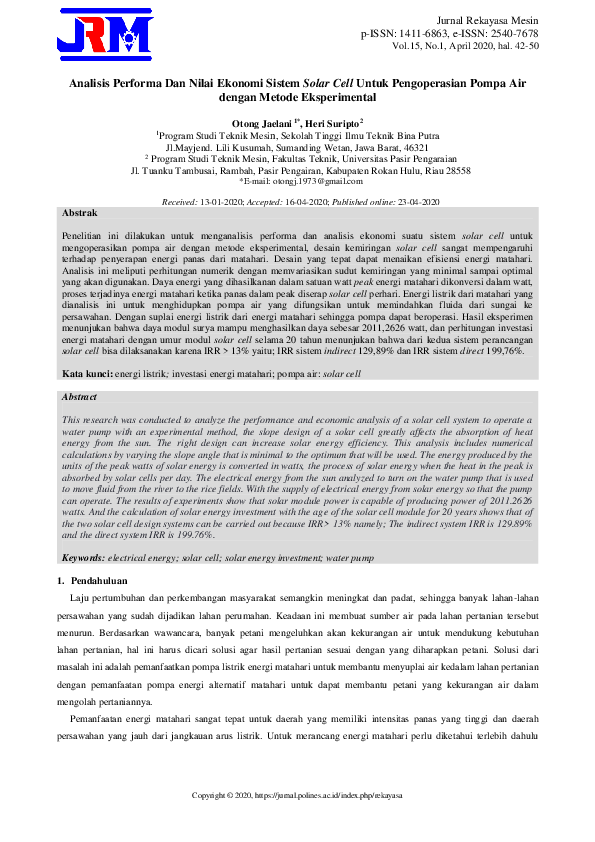 (PDF) Analisis Performa dan Nilai Ekonomi Sistem Solar Cell Untuk Pengoperasian Pompa Air dengan ...